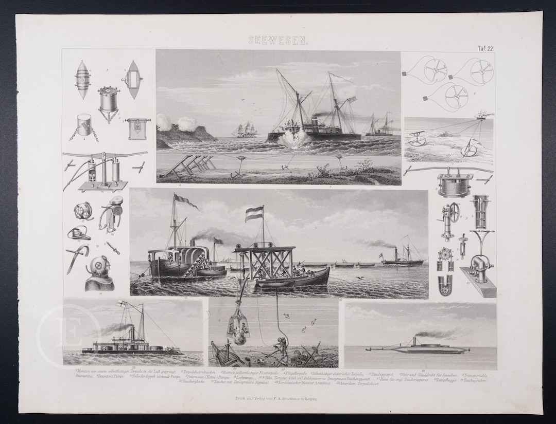 Torpedoes. Ship Pumps. Loading Mechanisms Exquisite Cooper Engraving ...