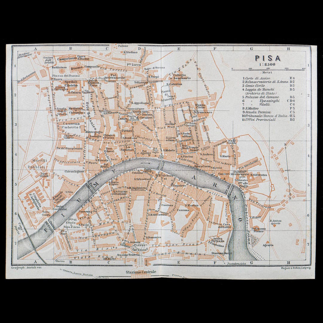 1893 Map of the City of PISA, TUSCANY, ITALY - Authentic Lithograph Map ...