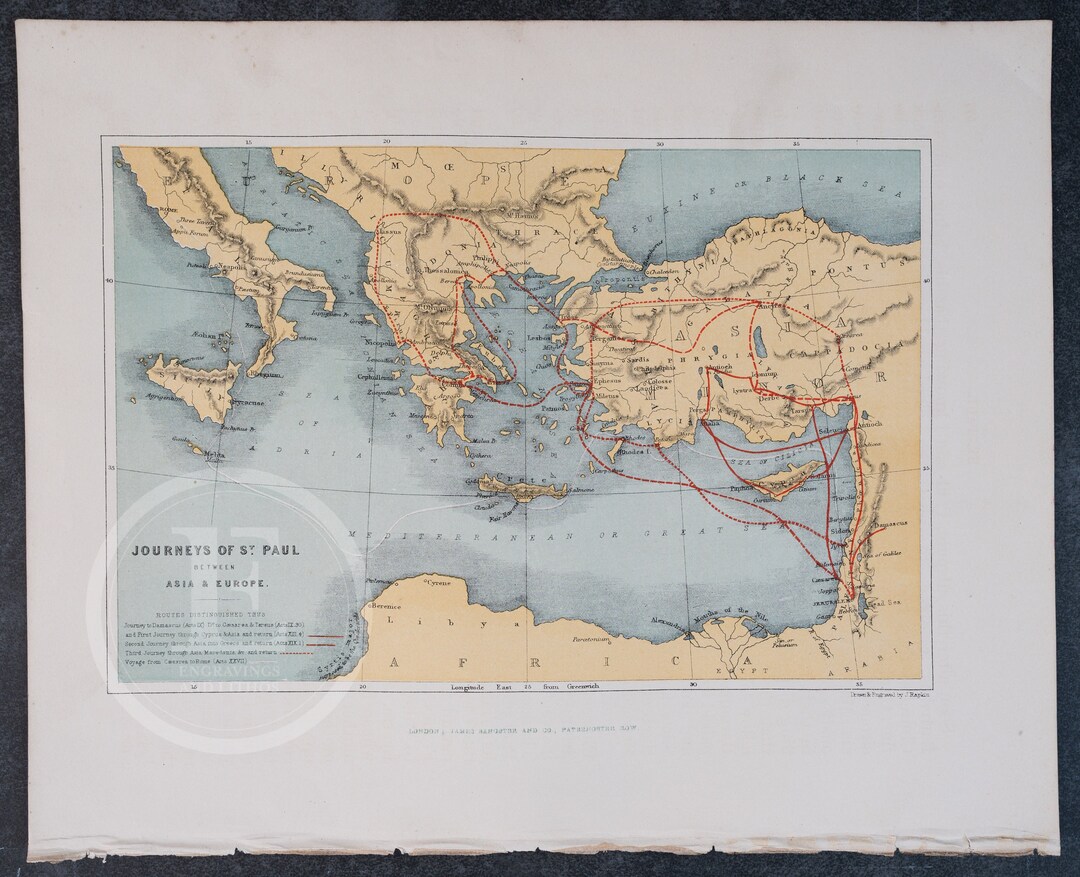 1860 Steel Engraved Map "journeys of St. Paul" Holy Land Maps "the Life ...