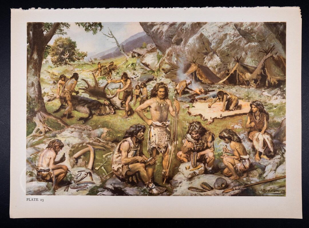 Encampment of Late Paleolithic Hunters - Original Vintage Print of ...