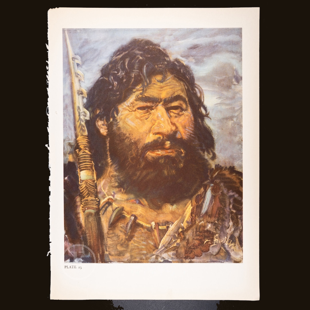 A MAGDALENIAN HUNTER - Original Vintage Lithograph Print of Prehistoric ...