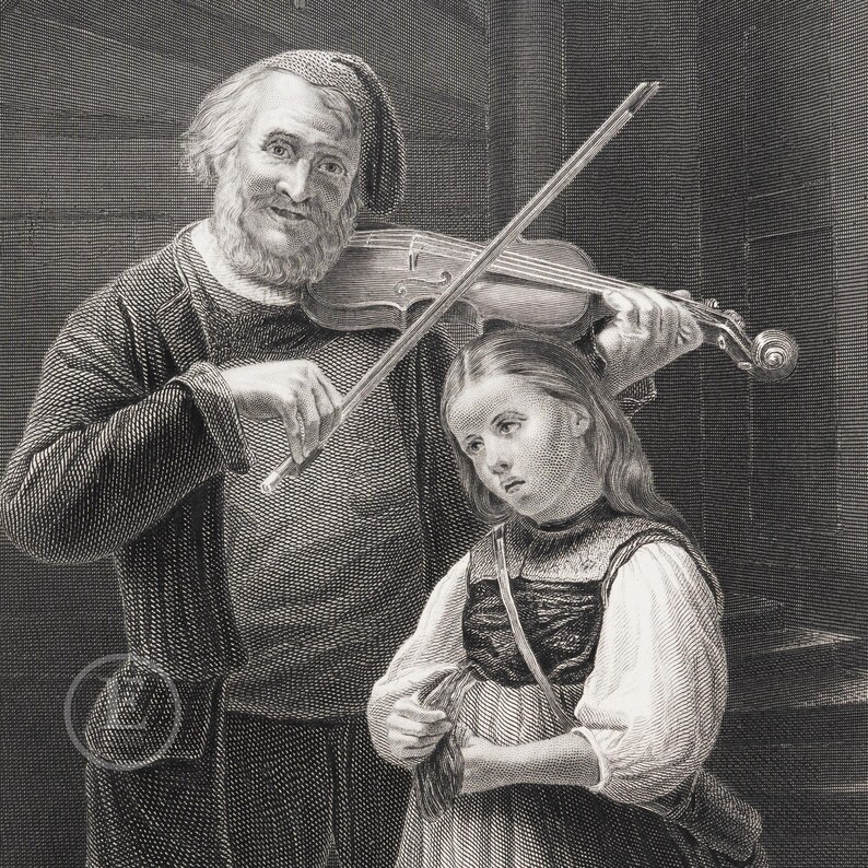 1855 the FIDDLER and His CHILD - Black and White Steel Engraving by ...