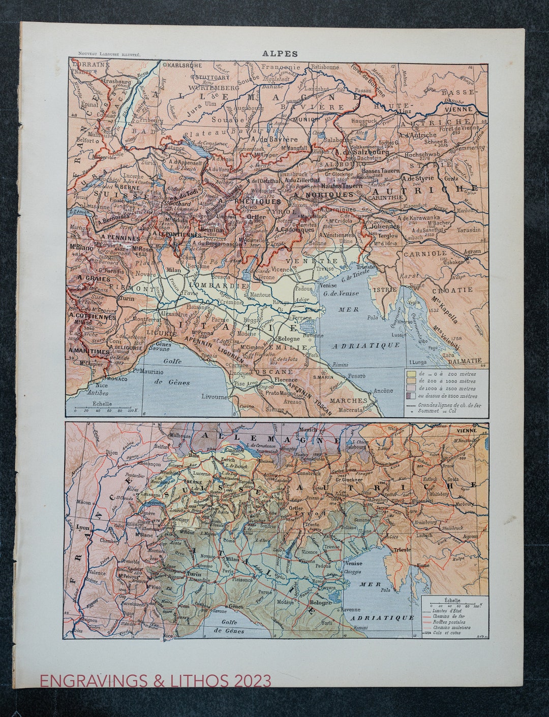 1897 Alps Mountains Map and French Alps Map From "le Noveau Larousse ...