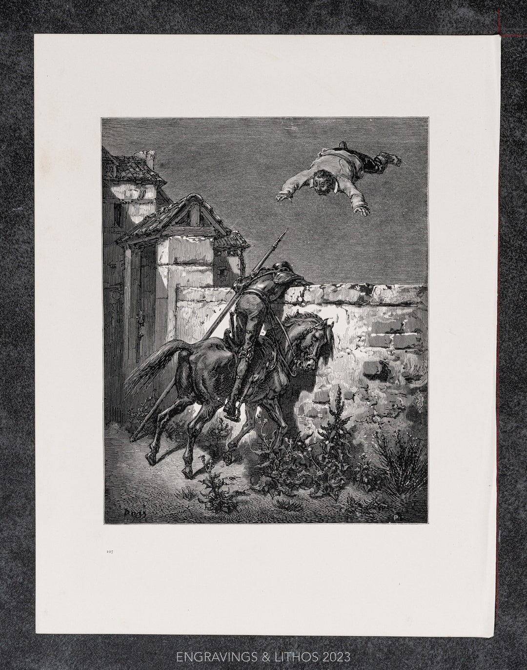 1870 Sancho Tossed in a Blanket, Don Quixote - Original Engraving From ...