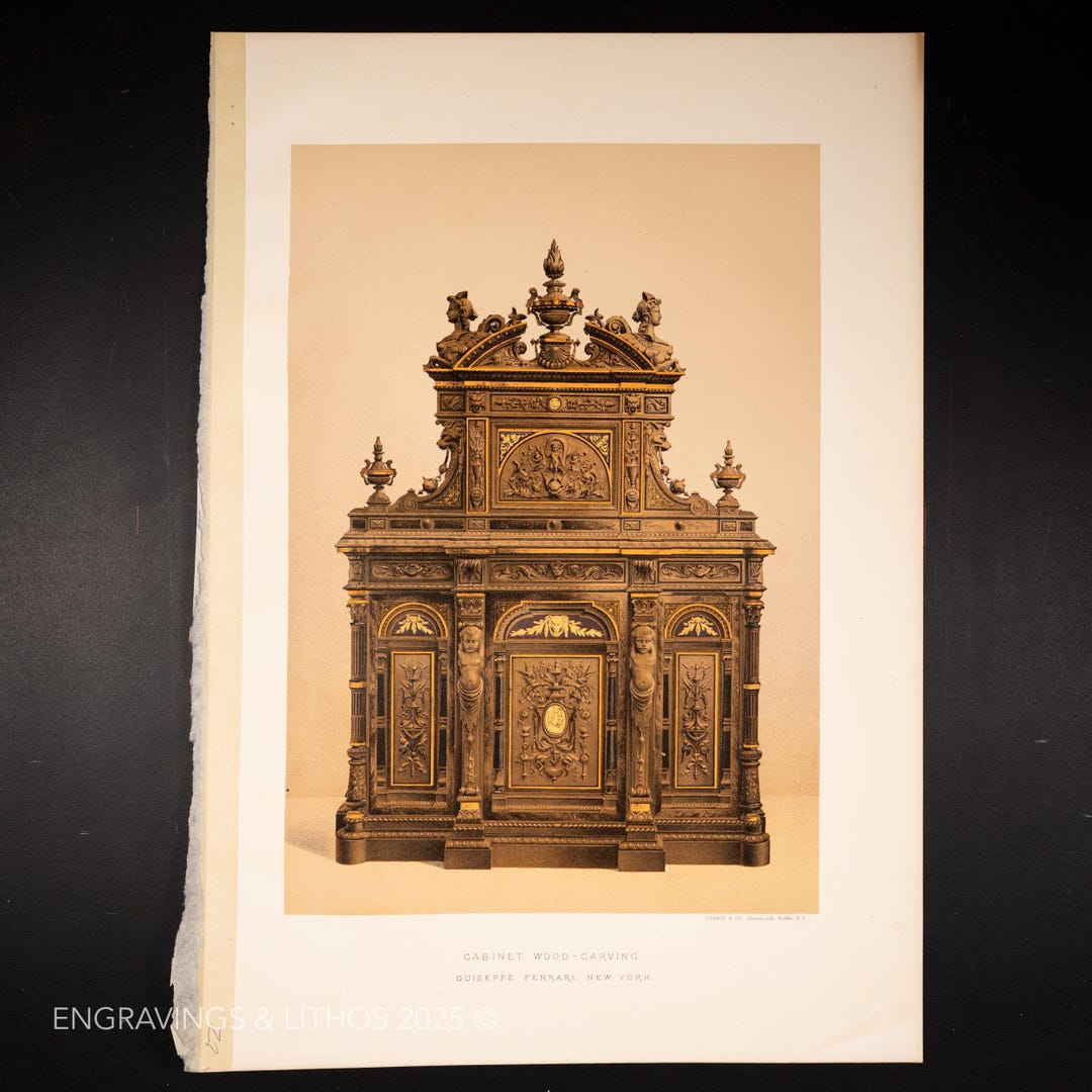 1876 WOOD CARVED CABINET – Antique Lithograph – Original Centennial ...