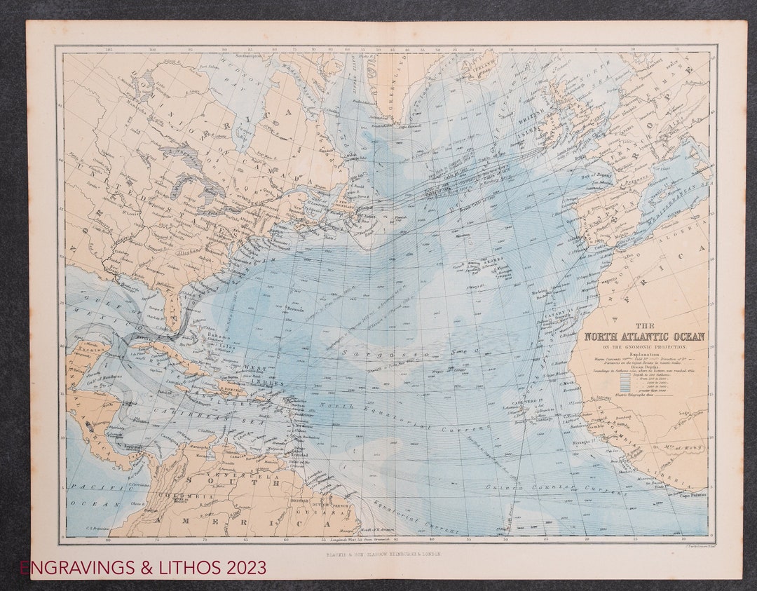 ORIGINAL Print RARE / the North Atlantic Ocean - Antique Map - 19th ...