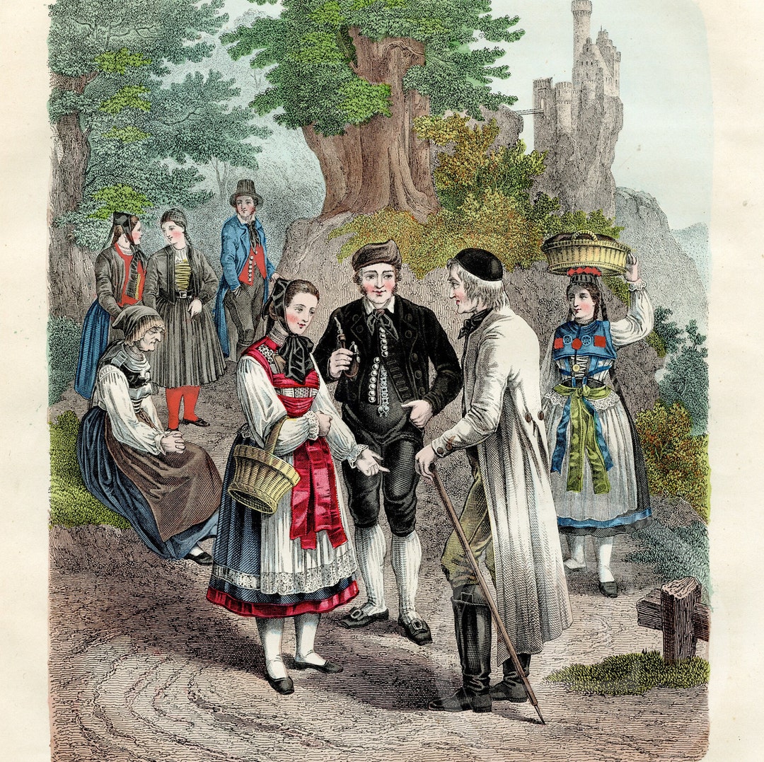 1854 Folk Costumes From Swabian, Germany- Rare Plate - Hand Colored ...