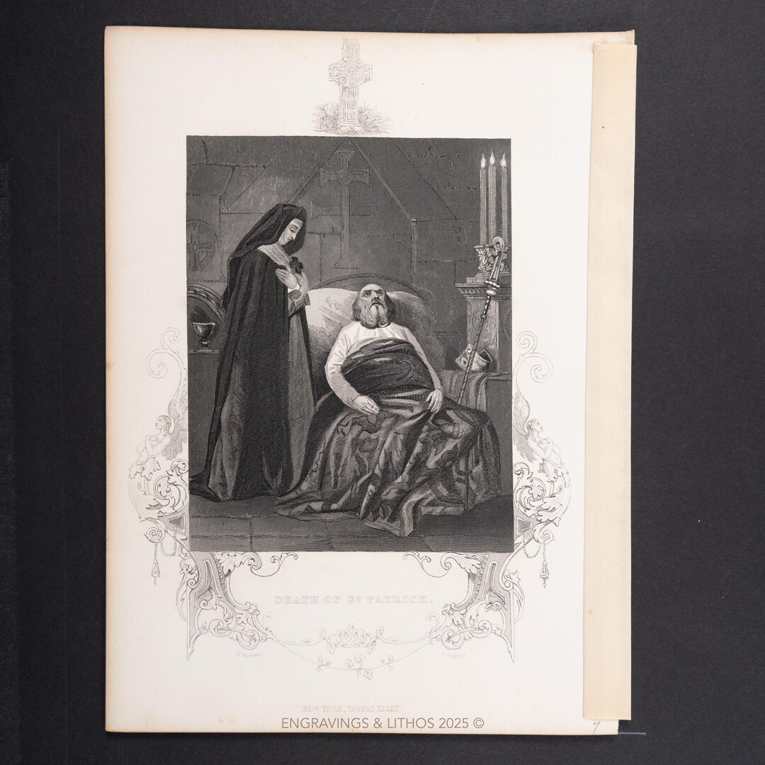 1877 DEATH of ST. PATRICK - Antique Engraving From Lives and Times of ...