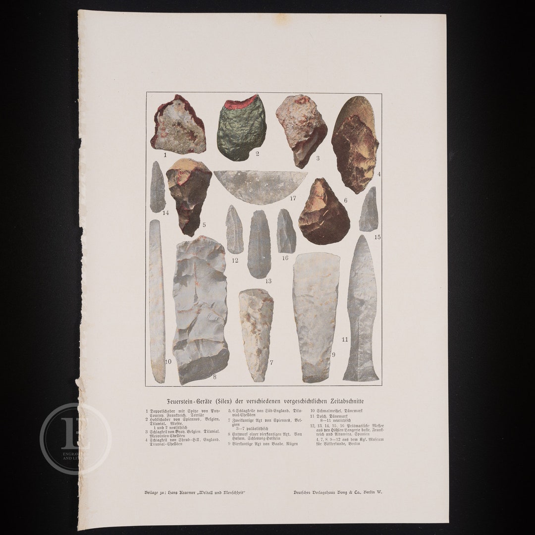 Antique Flint Tool Print: Prehistoric Implements - Original 1904 ...