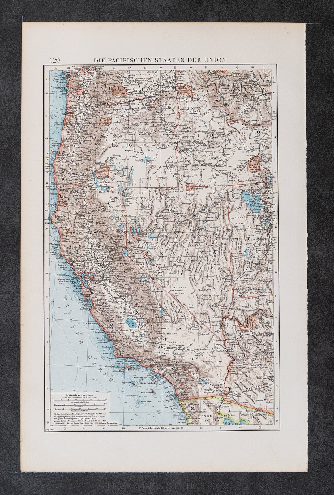 1896 Pacific States Map: Original German Color Print, 11x17.5 In - Etsy