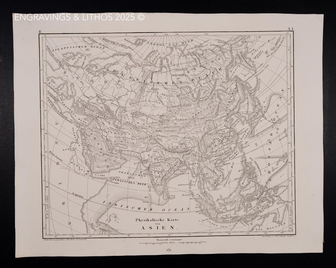 1849 PHYSICAL MAP of ASIA – Antique Engraving – Original German ...