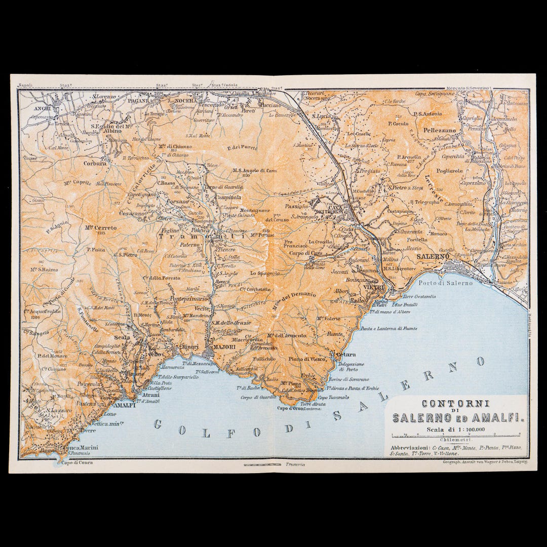 1893 Antique Map of Salerno and Amalfi: Italian Lithograph Print - Etsy