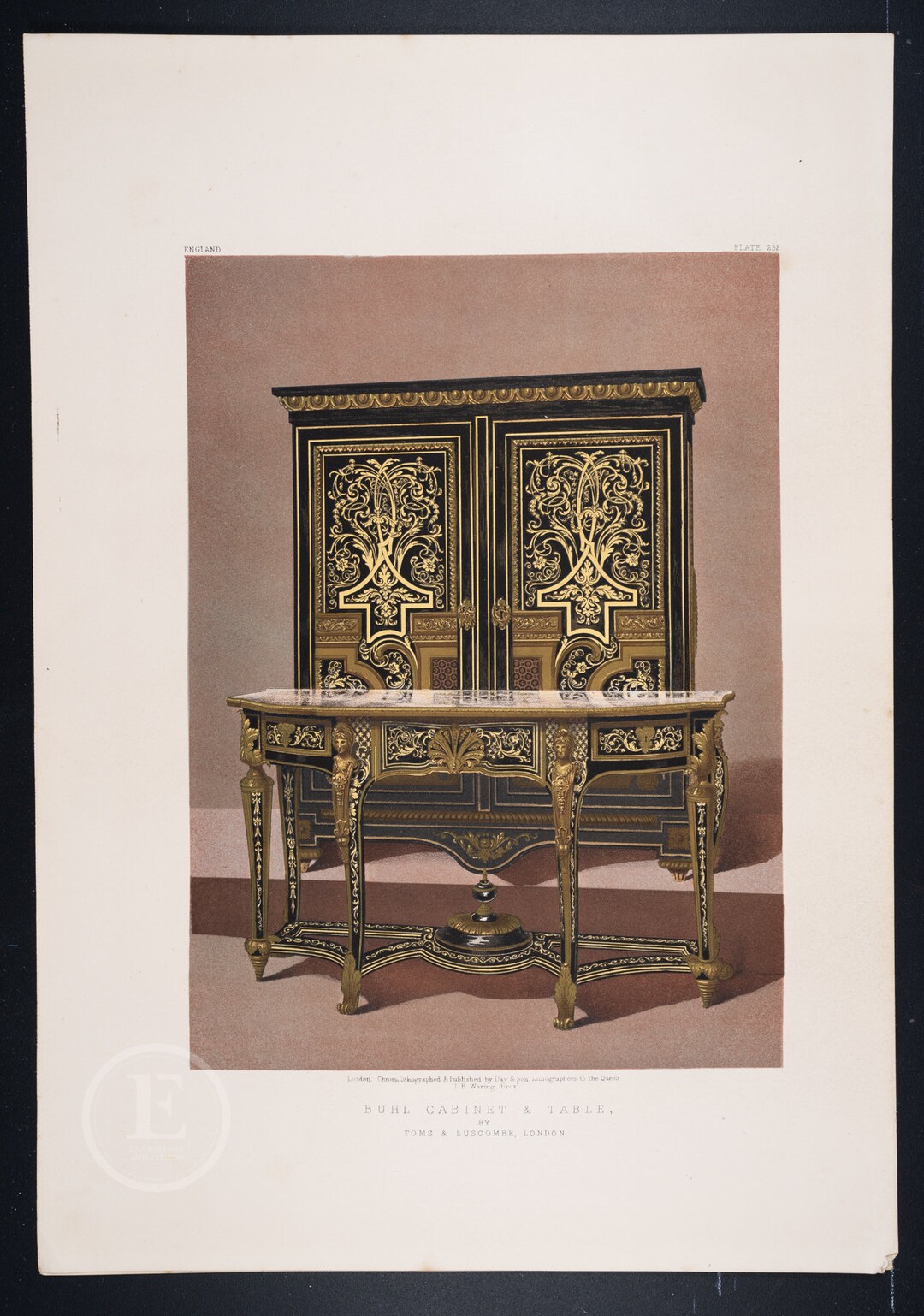 Buhl Cabinet and Table From ENGLAND- Antique Authentic Lithograph ...
