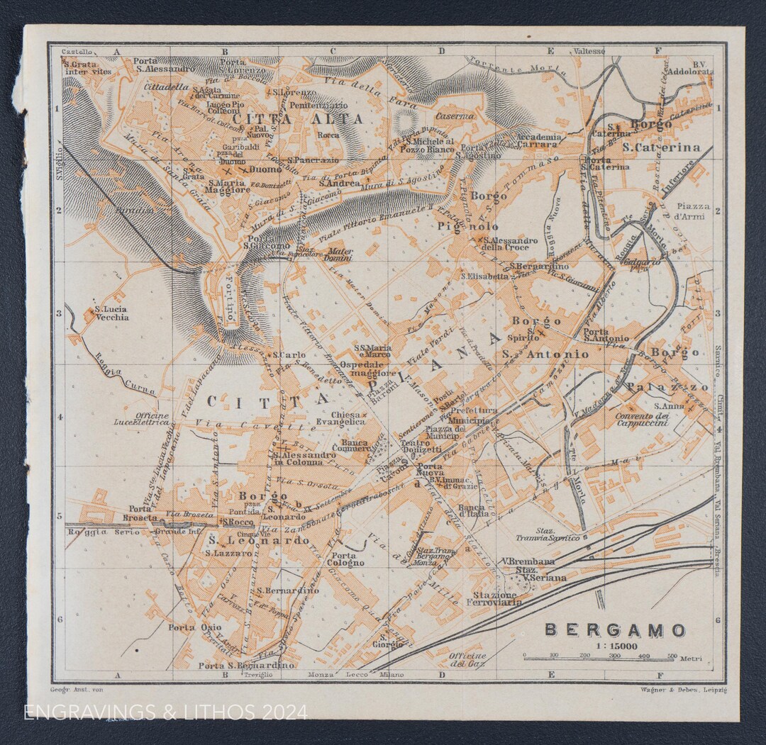 1893 Map of BERGAMO, City in ITALY - Authentic Lithograph Map, Leipzig ...