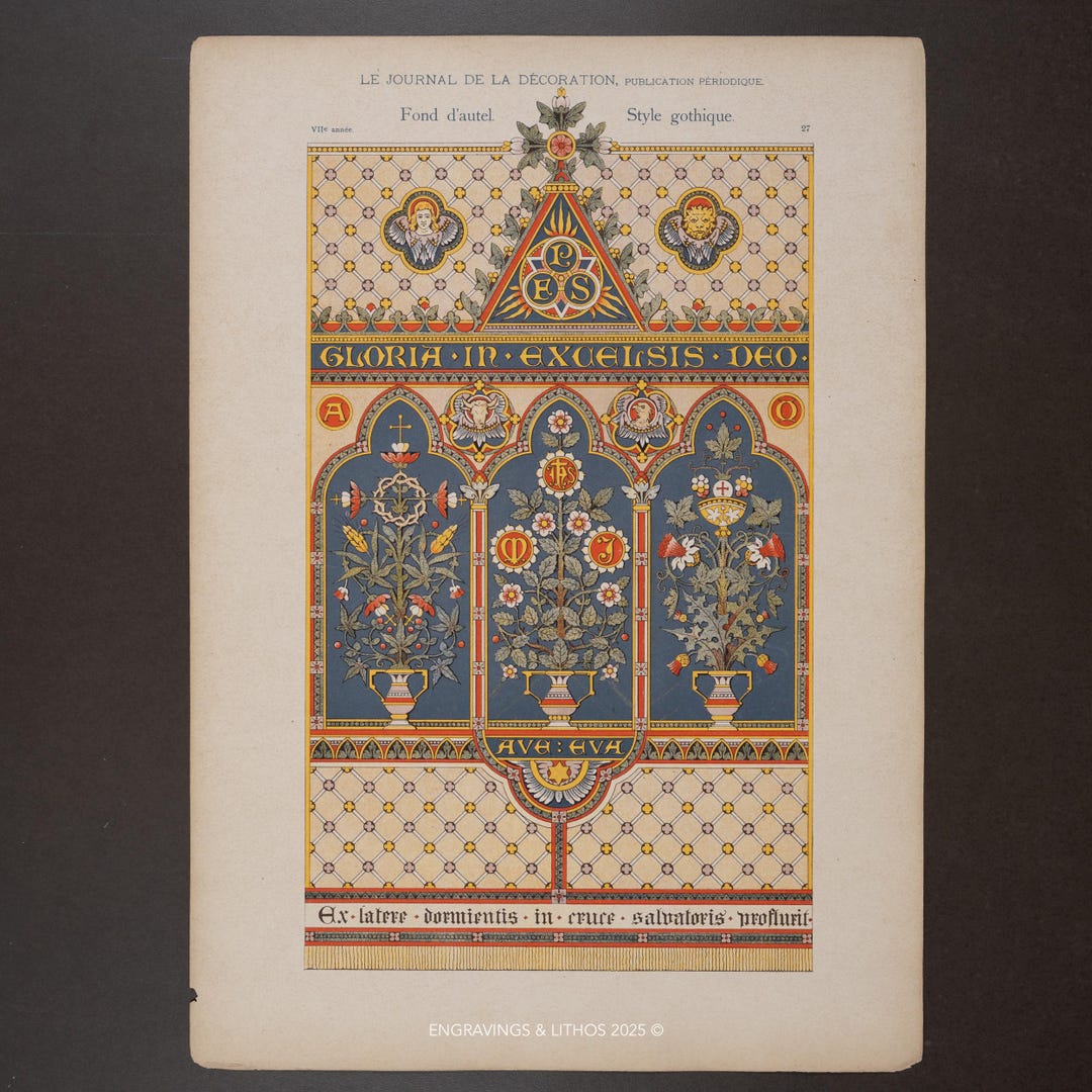 1893 Gothic Altar Background – French Antique Decorative Lithography ...