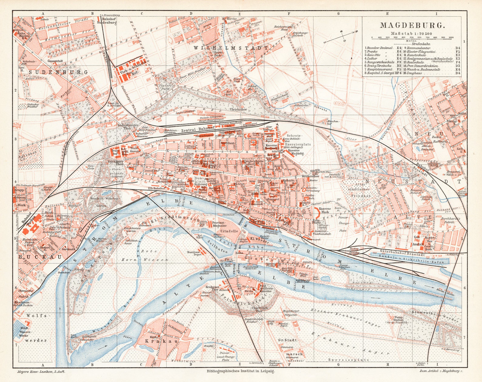 Map of Magdeburg, Germany - Original Color Lithography From Meyers ...