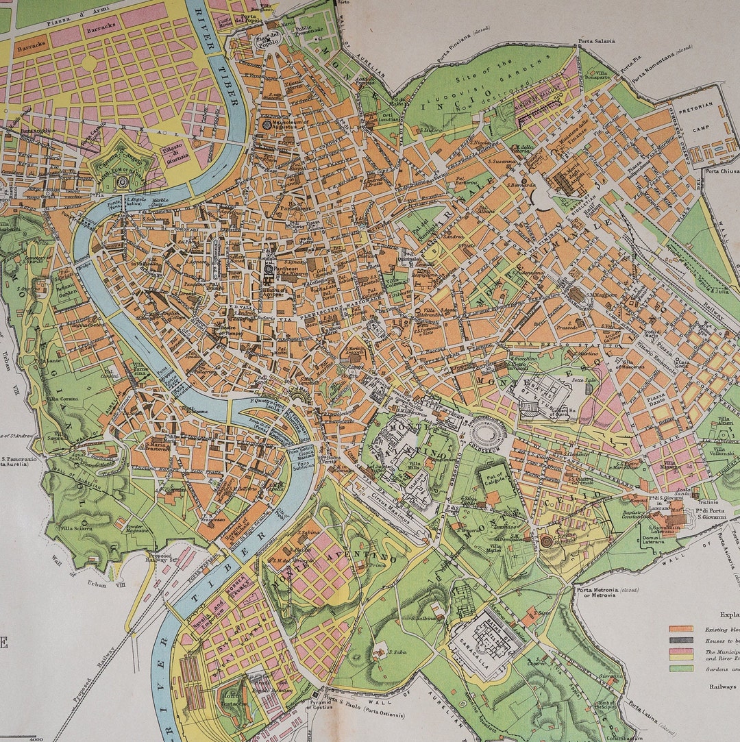 Modern Rome, Italy - Lithograph Map Published 1898, Edinburgh & London ...