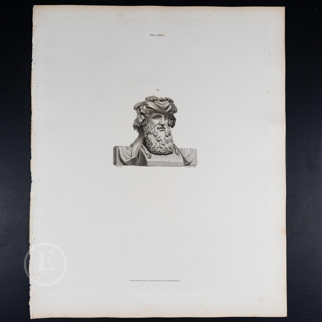 1810 A Terminal HEAD of the BEARDED BACCHUS - Original Steel Engraving ...