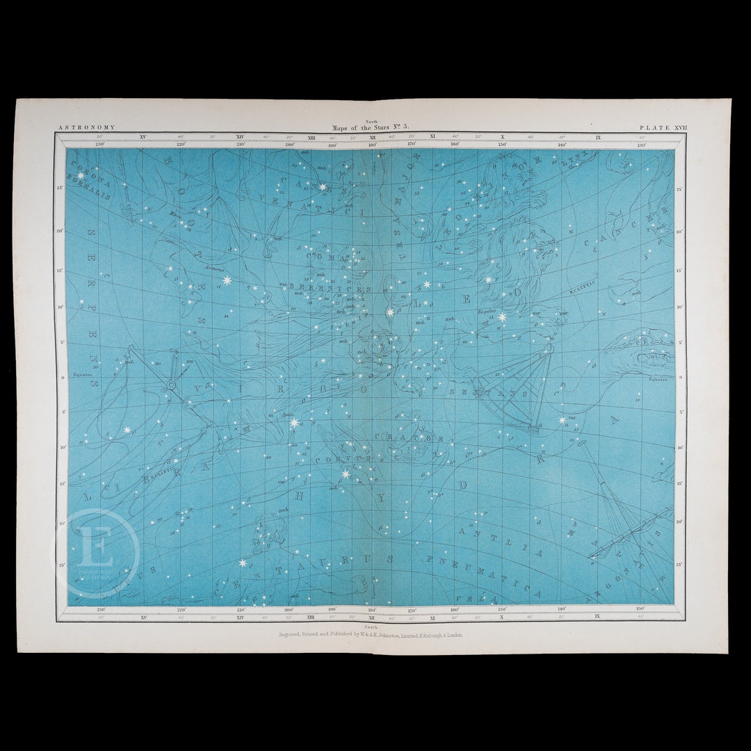 STAR MAPS 3 is a Rare Original Plate From an Astronomy Atlas Book 1903 ...