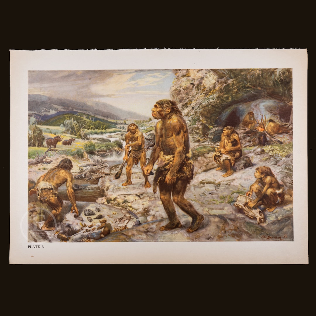 THE NEANDERTHAL ENCAMPMENT - Original Vintage Lithograph Print of ...