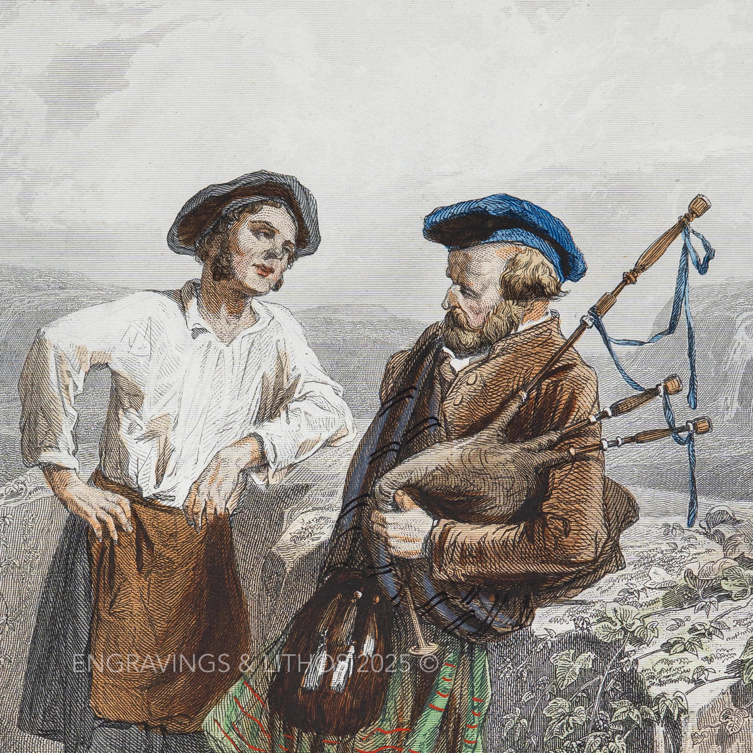 1840s Pipers and Blacksmith – Original Hand Colored Lithograph “pipeur ...