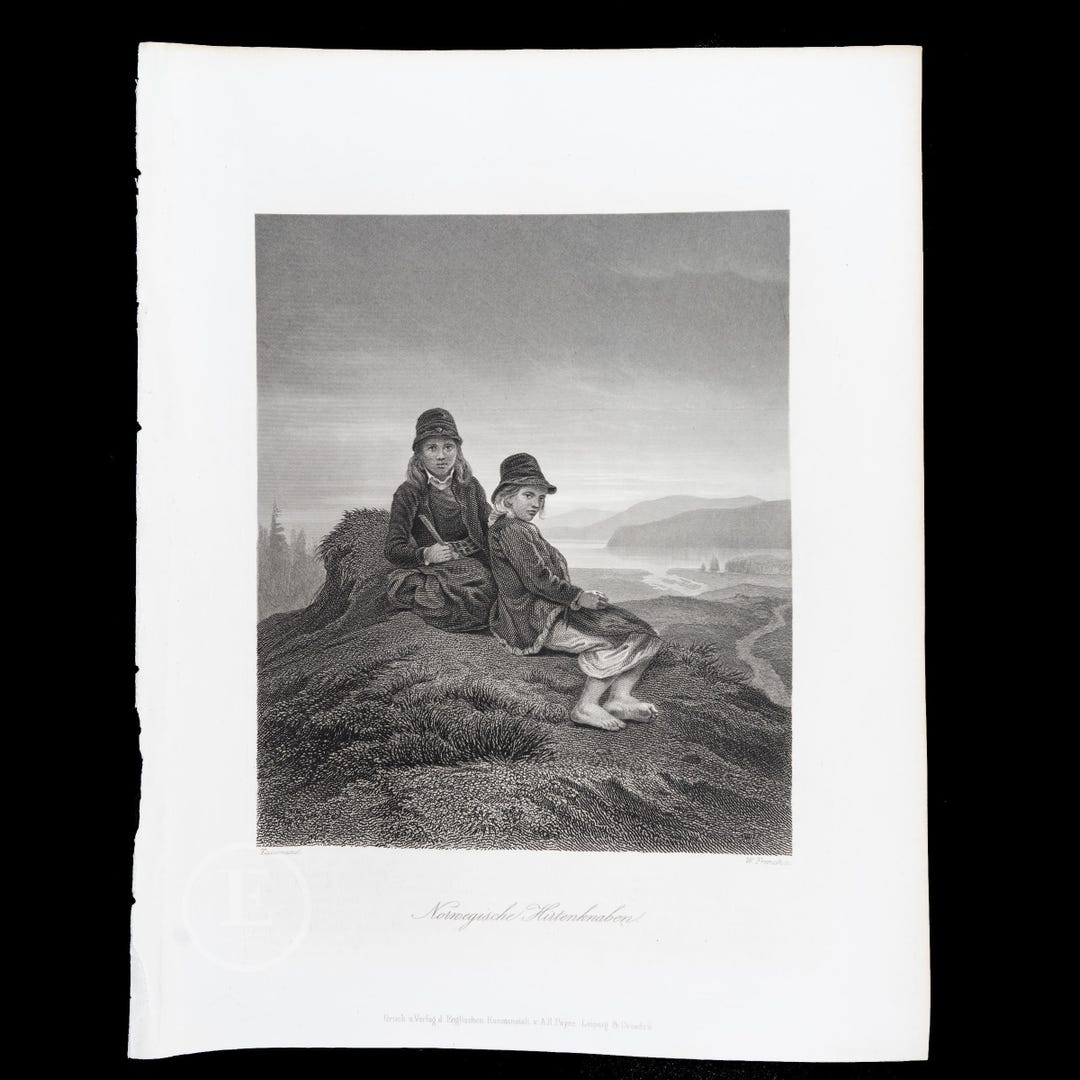 1855 NORWEGIAN SHEPHERD BOYS - Black and White Steel Engraving by ...