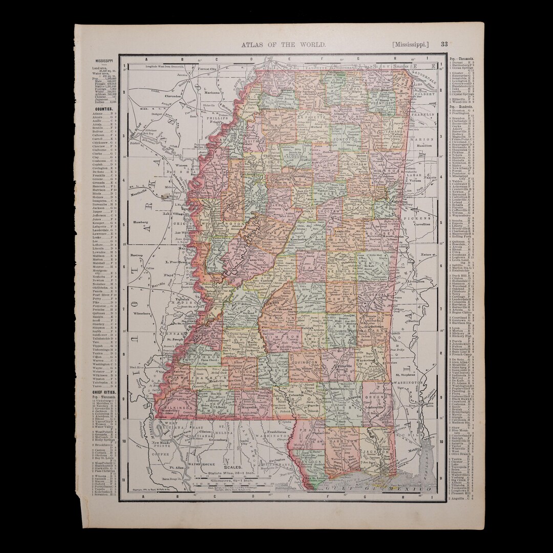 1897 MISSISSIPPI, USA - Original Map From Rand Mcnally and Company ...