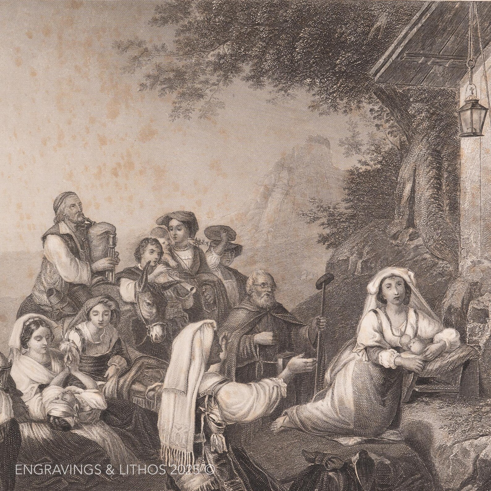 Pilgrims Praying Antique Engraving - Original Steel Engraving From ...