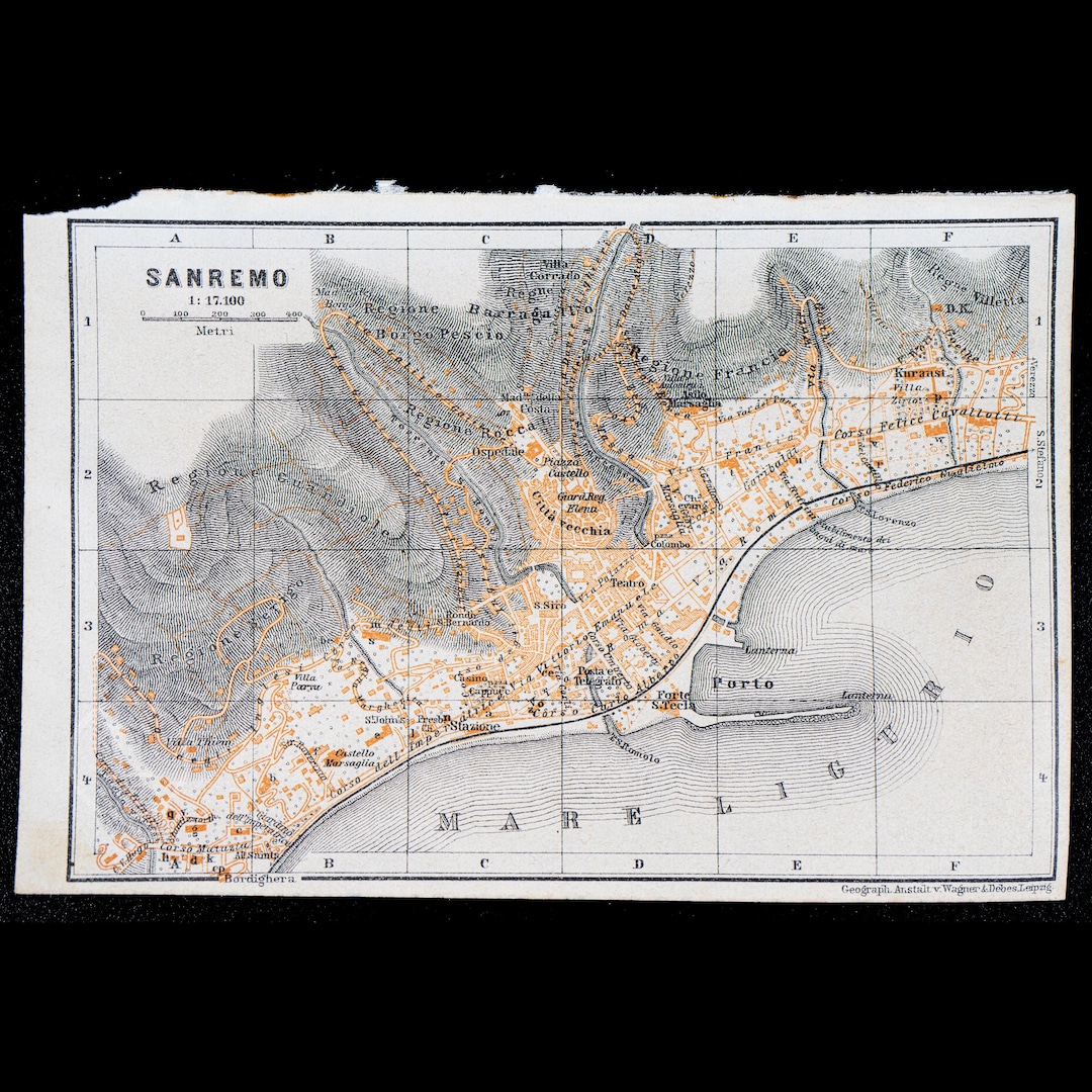 1893 Map of SANREMO, City on the ITALIAN RIVIERA - Authentic Lithograph ...