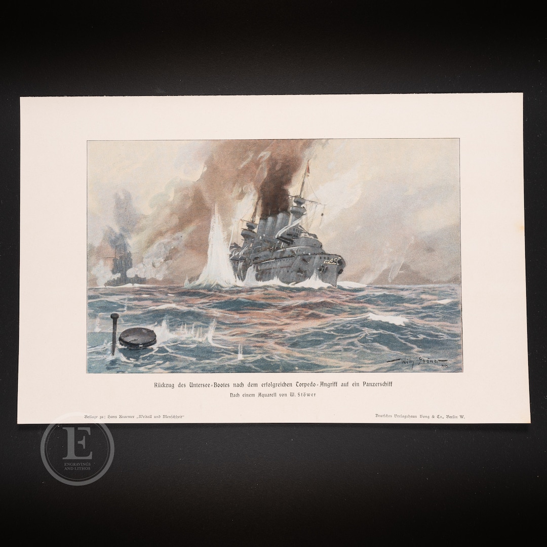 1904 Naval Battle Print: Submarine Retreat After Torpedo Strike ...