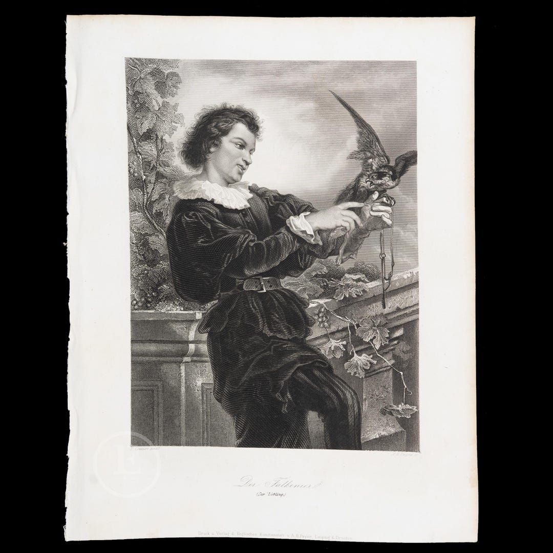 1855 FALCONER WITH His BIRD - Black and White Steel Engraving by Albert ...