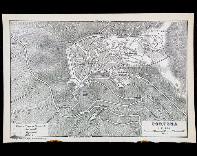 1893 Map of CORTONA, Hilltop Town in TUSCANY, ITALY - Authentic ...