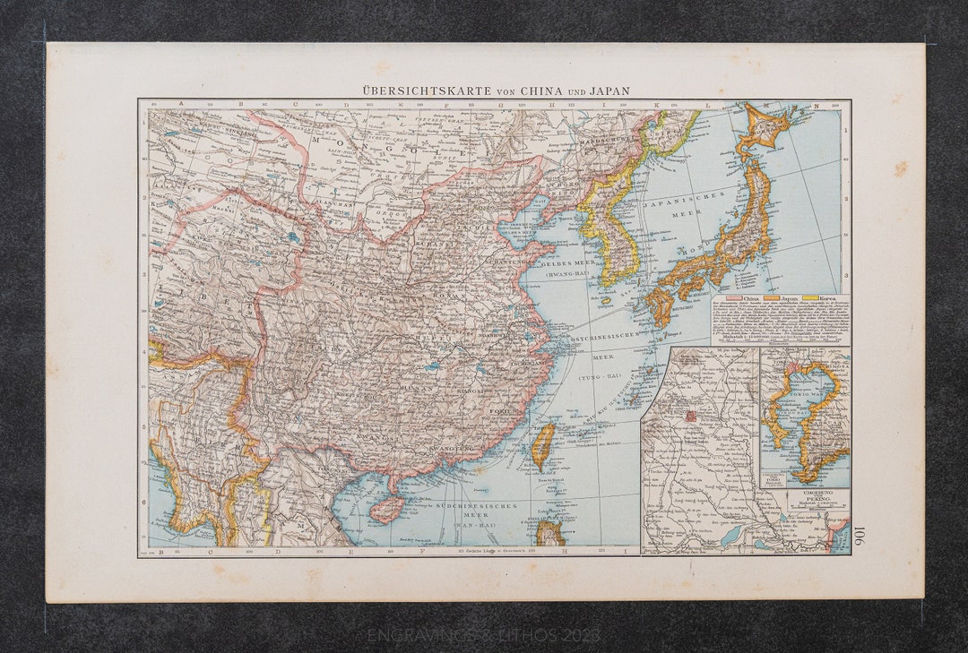 Map of China and Japan / Color Map / Original / German World Atlas 1896 ...