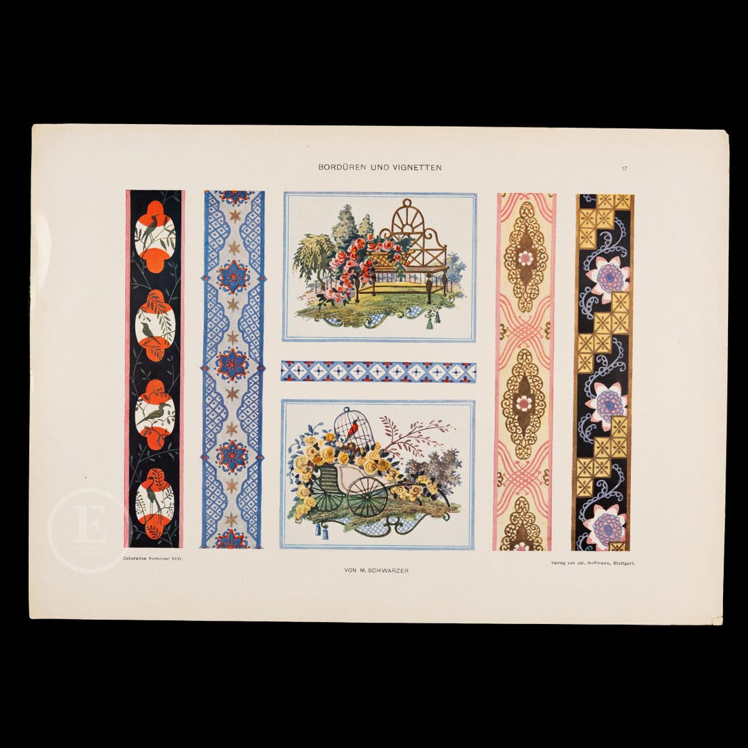 Original 1913 Garden Scene Print - Antique Floral Borders Art ...