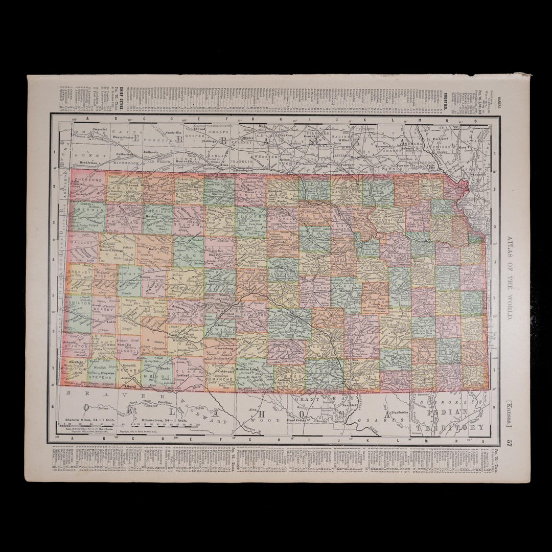 1897 KANSAS, USA - Original Map From Rand Mcnally and Company Atlas of ...