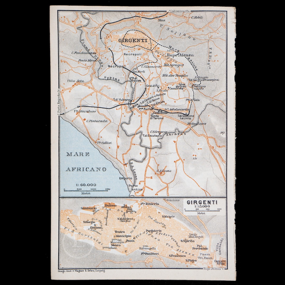 1893 Map of AGRIGENTO, Located in SICILY, ITALY- Authentic Lithograph ...