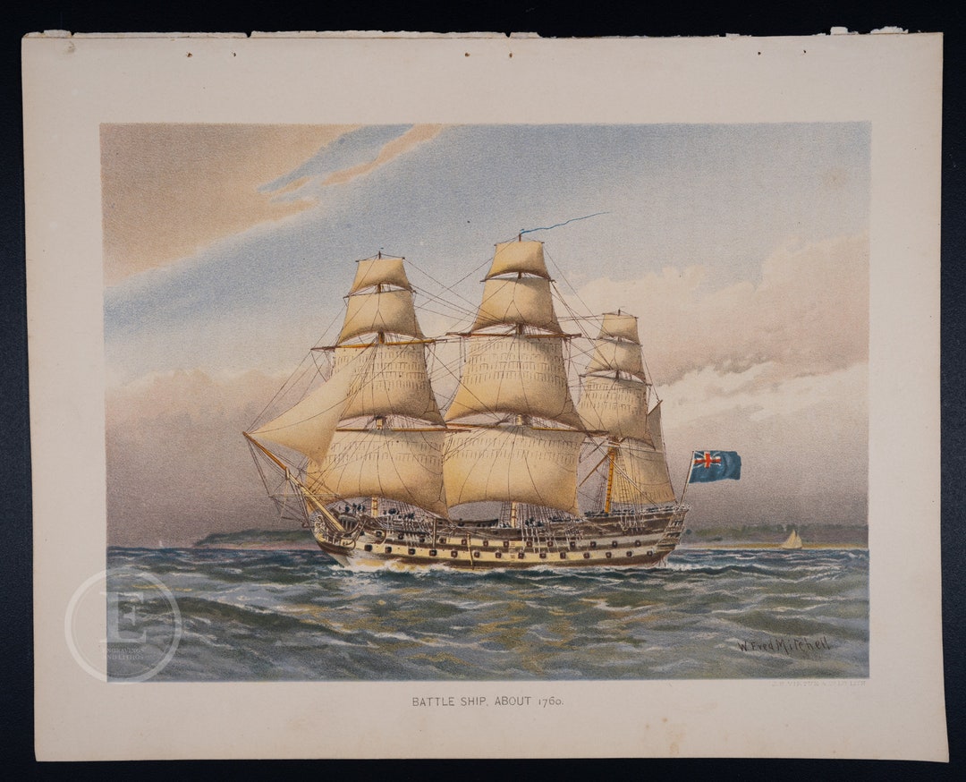 BATTLE SHIP, About 1760 is an Original Rare Print of an Antique Ship ...