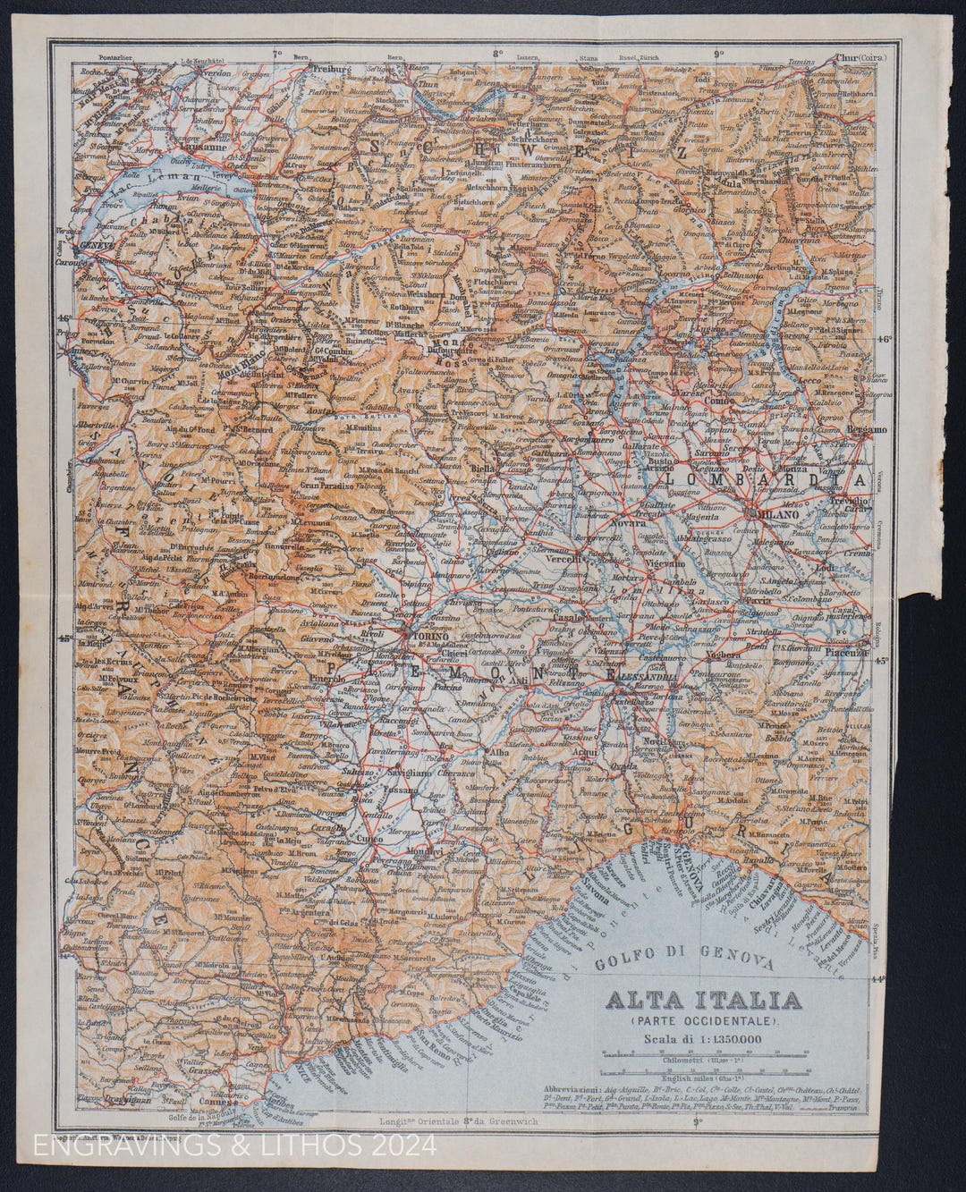 1893 Map of UPPER ITALY - Authentic Lithograph Map, Leipzig for "italie ...