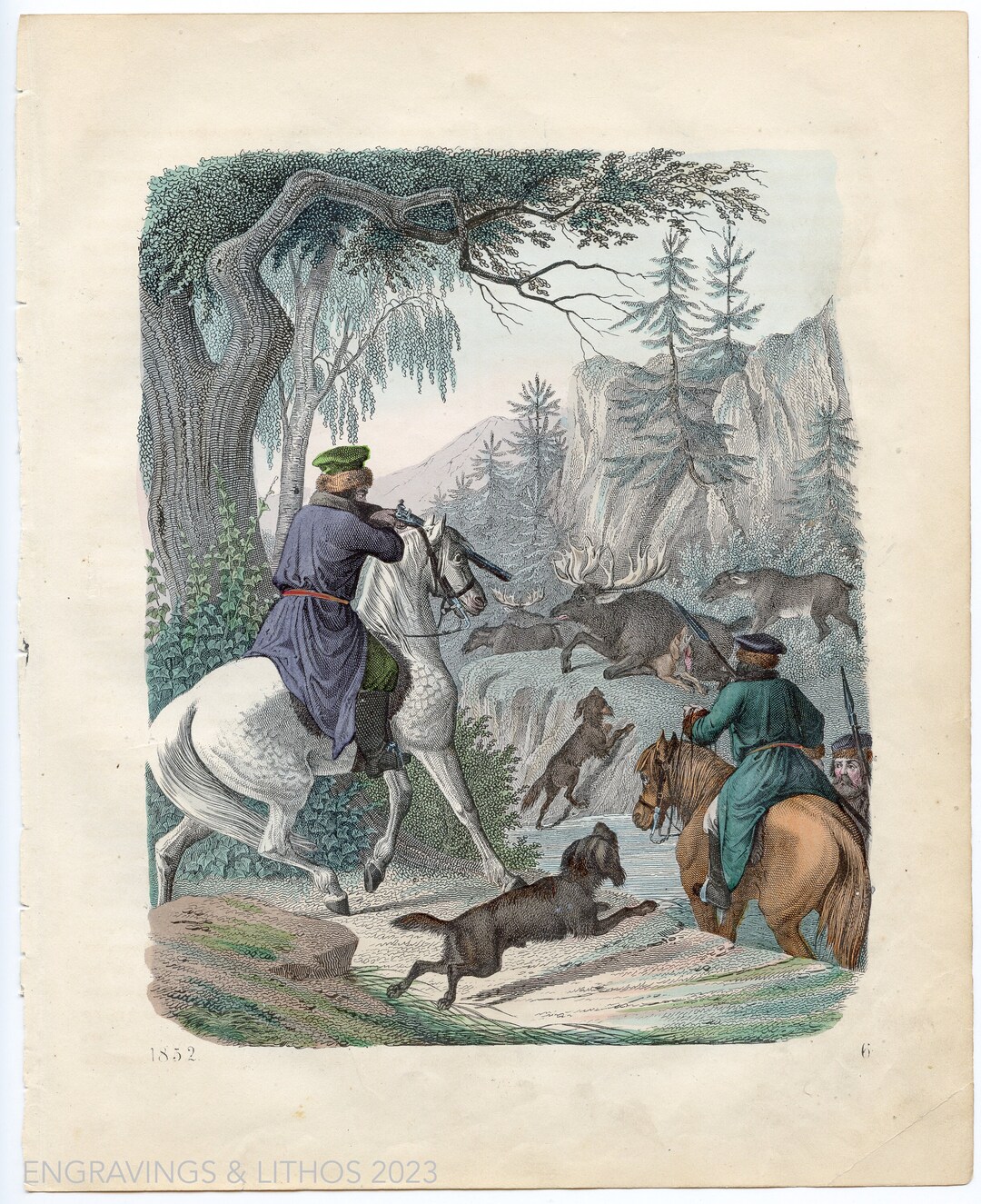 1852 the Elk Hunt - Very Rare Plate From "book of the World" Hand ...