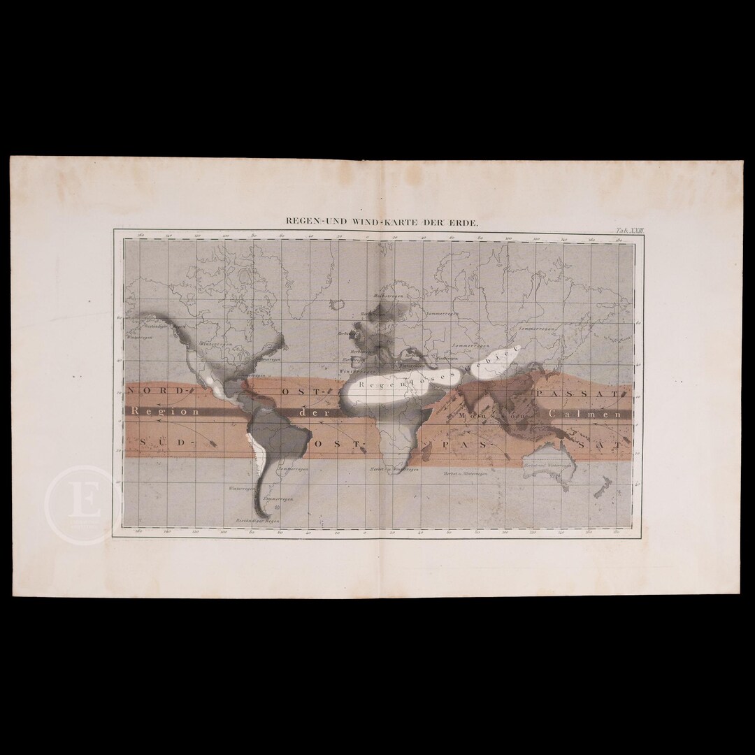 1872 RAIN and WIND MAP of the Earth - Rare Original Plate From an ...
