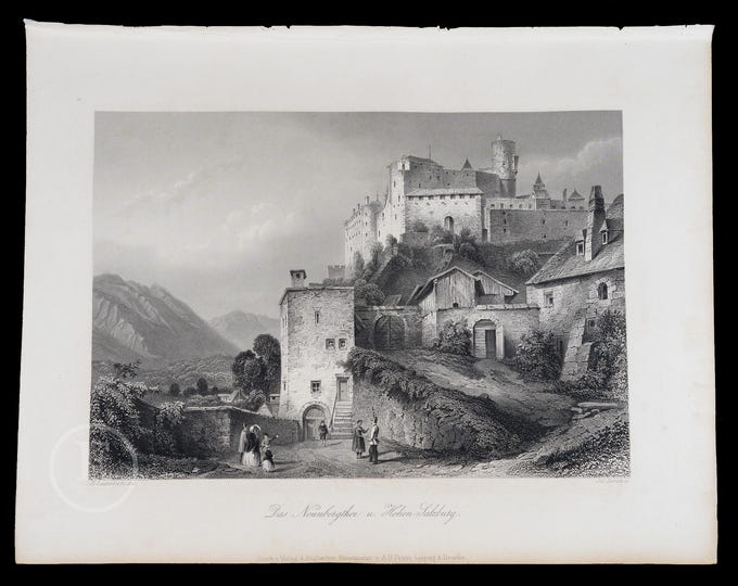 1855 NONNBERG ABBEY and HOHENSALZBURG Fortress, Austria - Black and ...