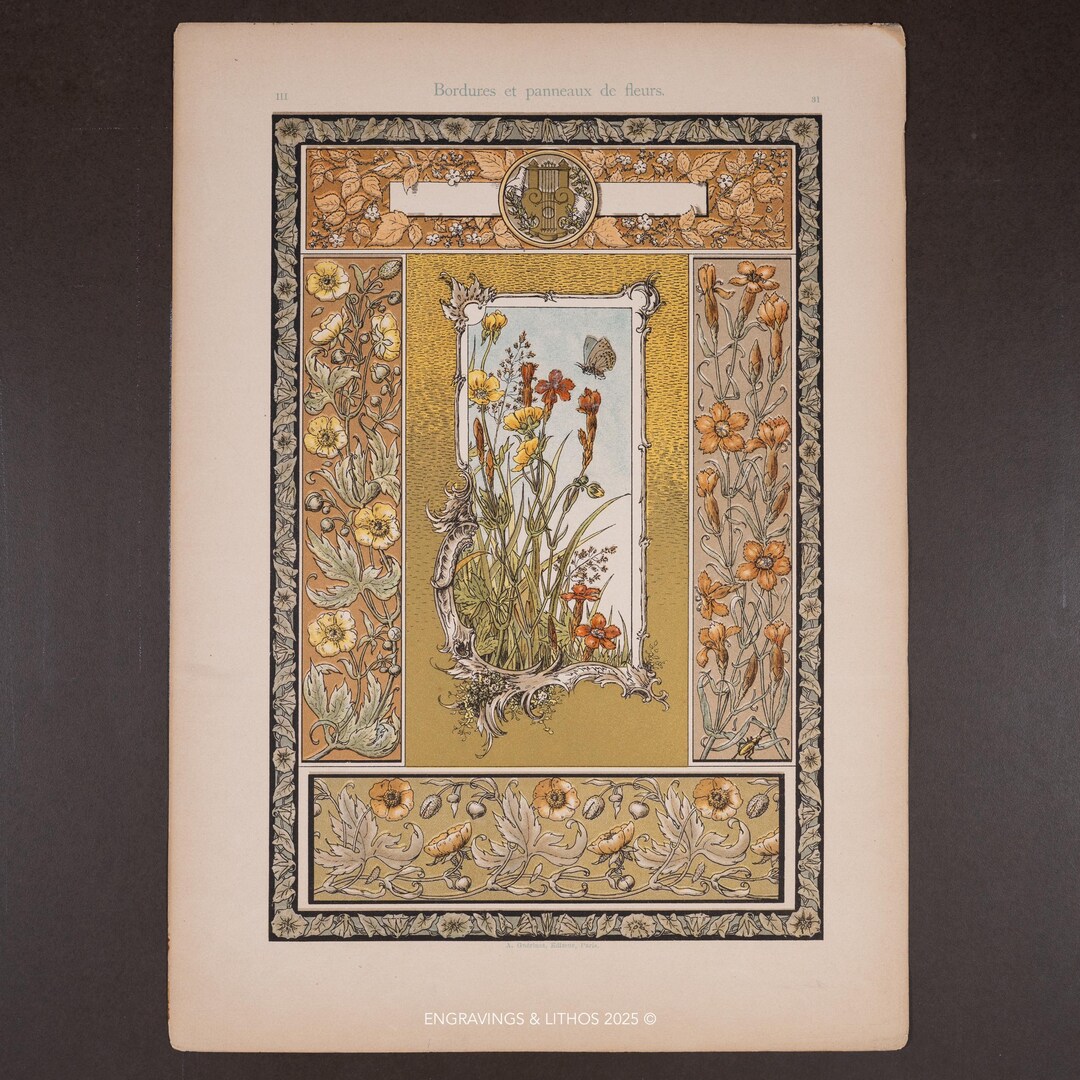 1900 ART NOUVEAU FLORAL Borders With Botanical Panel - French Antique ...