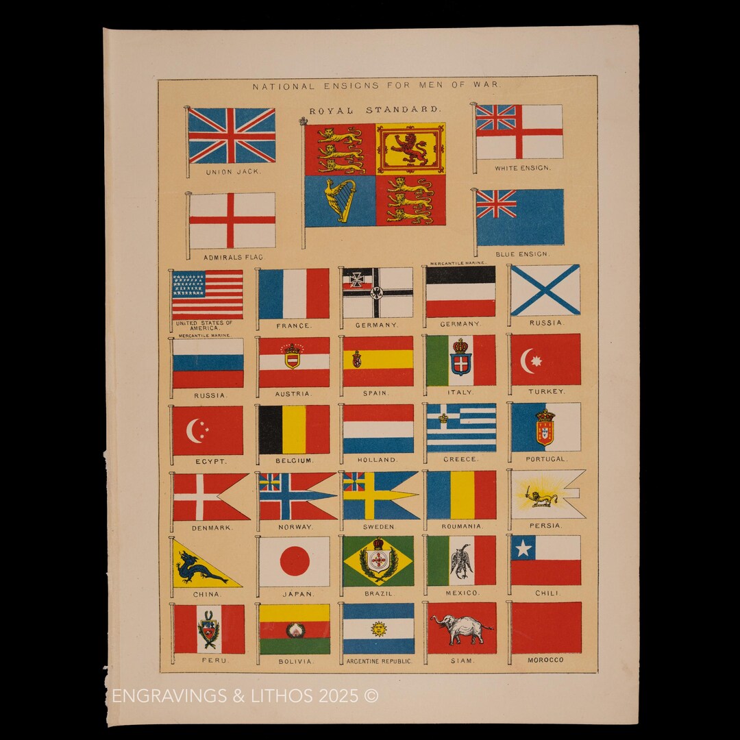 1890 NATIONAL ENSIGNS for MEN on War - Original Lithography From the ...