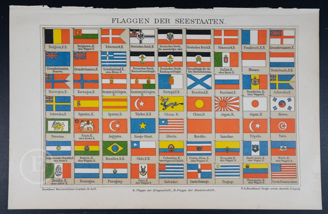 1898 FLAGS Ofthe MARITIME STATES - Rare Lithograph Plate From Brockhaus ...