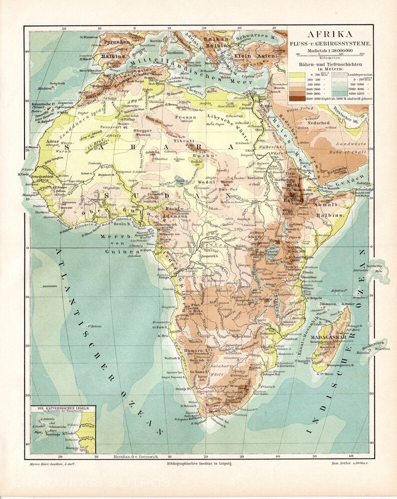 Map of Africa - Original Color Lithography From Meyers Lexikon 1897 - Etsy