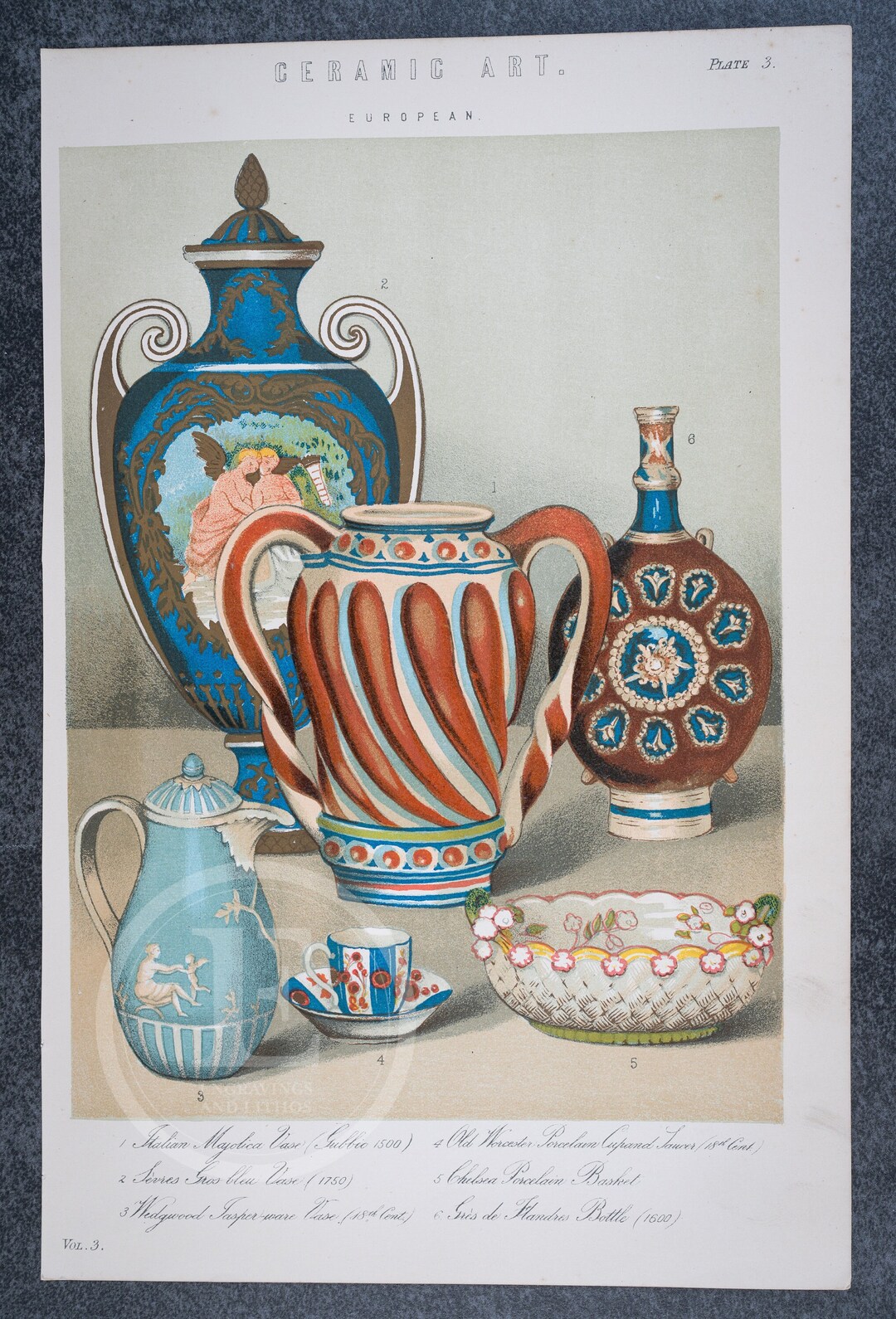 1891 . Ceramic Art, European: Vase, Bottle, Basket, Saucer / Lithograph ...