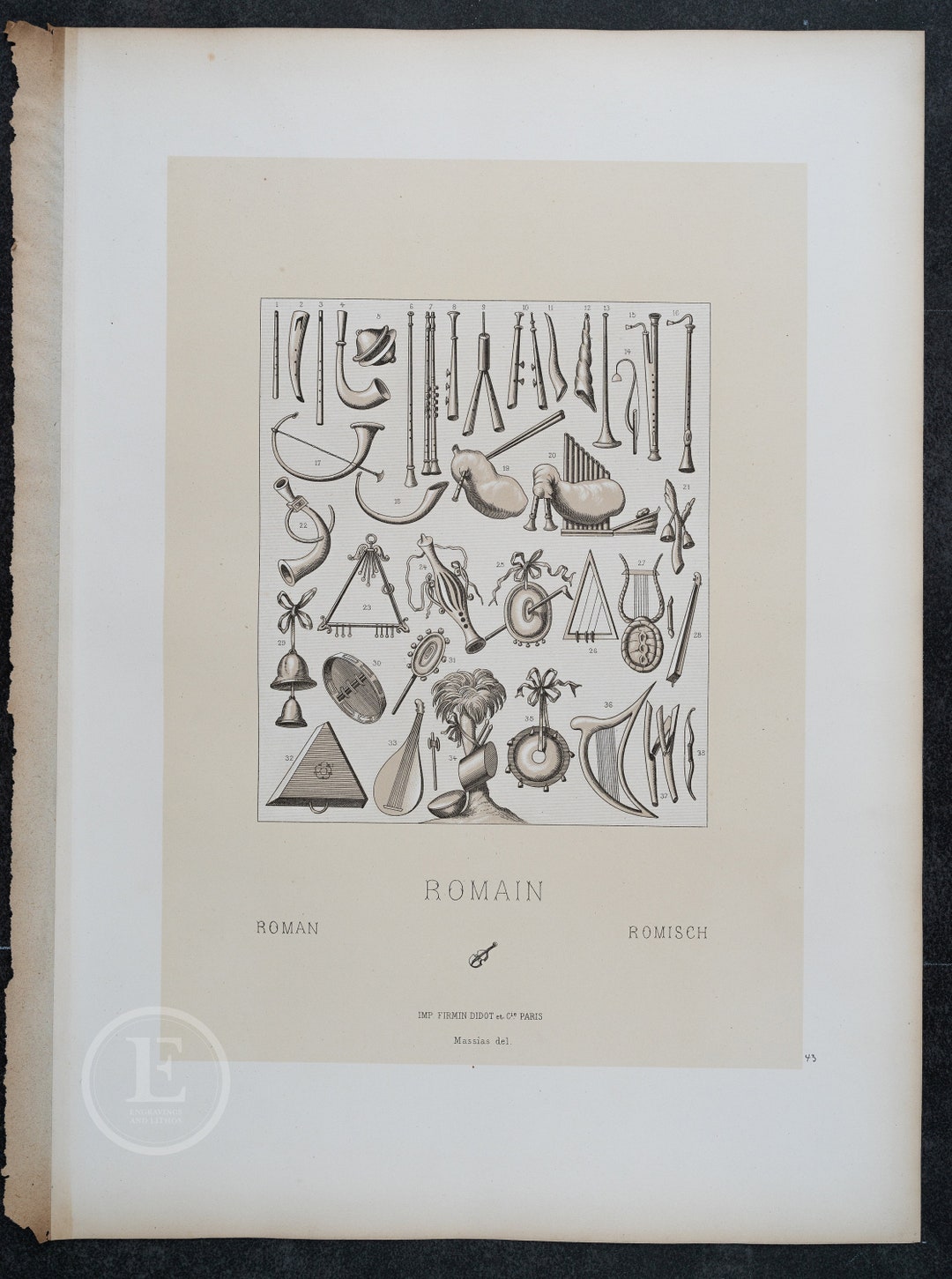 1888 Roman Musical Instruments by Racinet - Original Color Lithograph ...