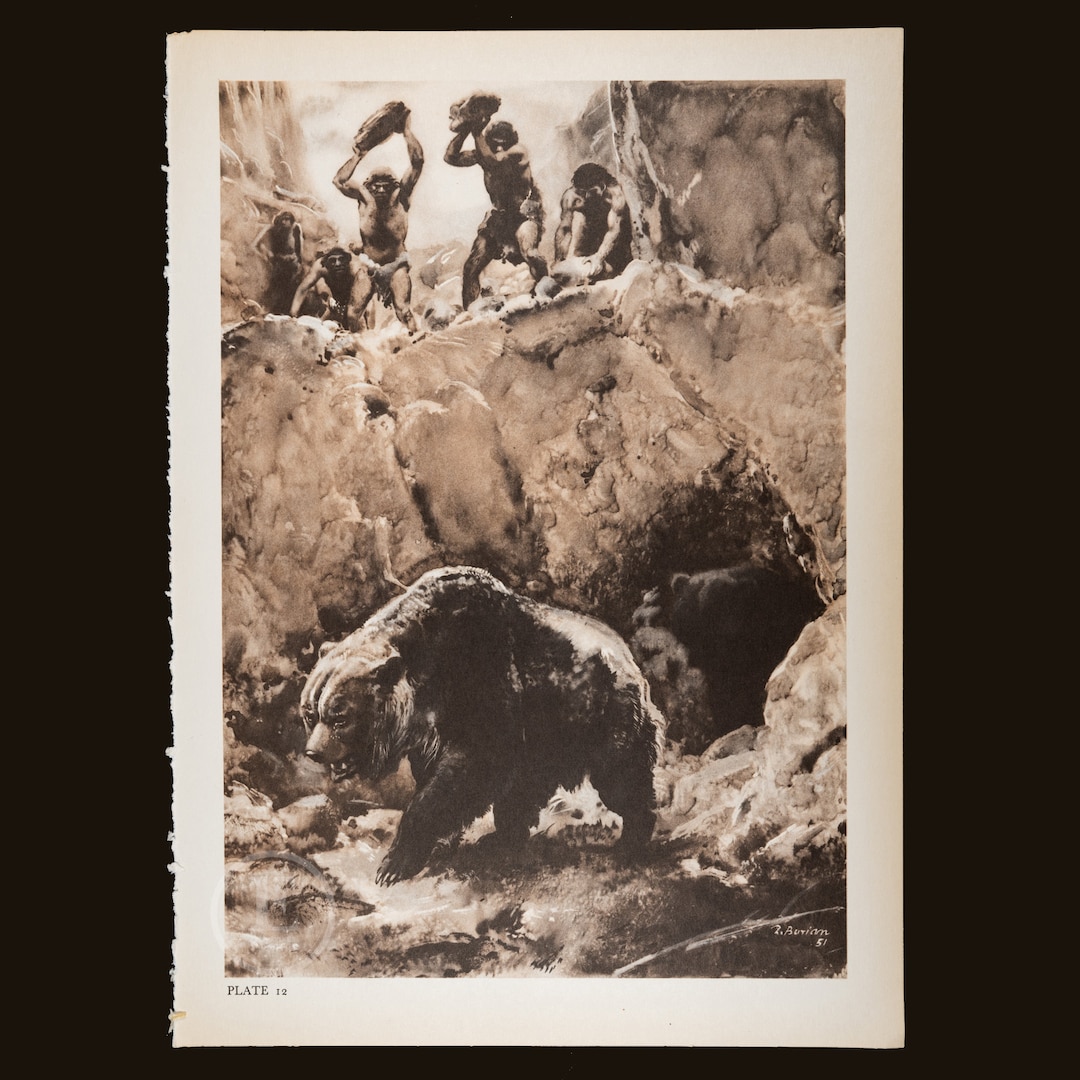 Hunting the Cave Bears - Original Vintage Lithograph Print of ...