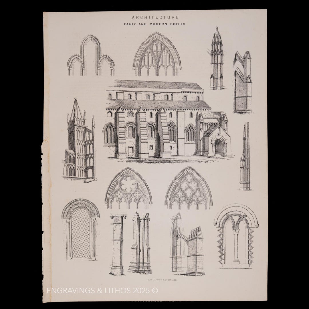 1890 ARCHITECTURE- Early and Modern GOTHIC - Original Lithography From ...
