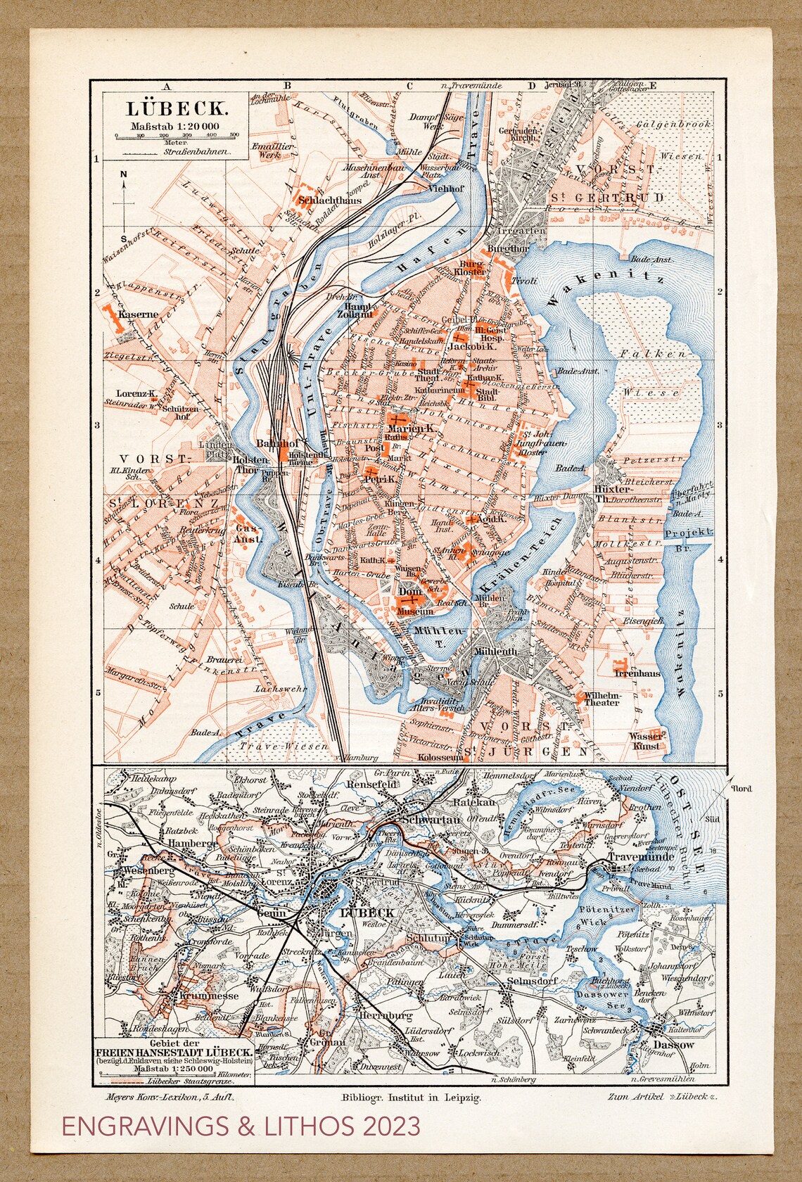 Map of Lübeck Germany Original Color Lithography From - Etsy